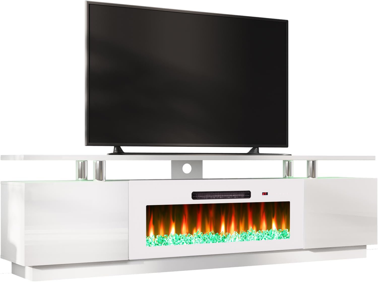 AMERLIFE Fireplace TV Stand with 40" Fireplace, 80" Modern High Gloss Fireplace Entertainment Center LED Lights, 2 Tier TV Console Cabinet for TVs Up to 90", White & White