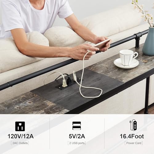 VECELO Narrow Console/Sofa Table with Power Outlet, Long Behind Couch Furniture for Entryway, Hallway, Living Room, Grey Oak