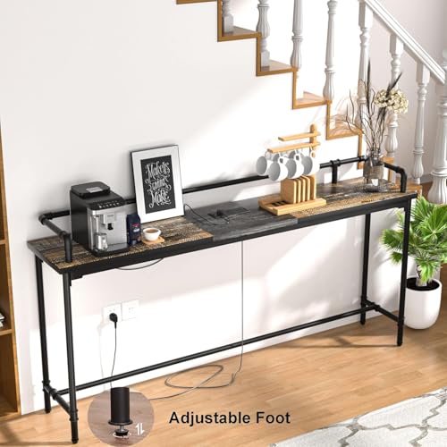 VECELO Narrow Console/Sofa Table with Power Outlet, Long Behind Couch Furniture for Entryway, Hallway, Living Room, Grey Oak