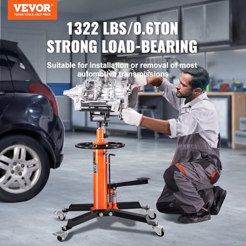VEVOR Transmission Jack, 1322 LBS Hydraulic Telescoping Transmission Jack, 32"-67" High Lift Transmission Jack Stand with Foot Pedal, 360° Swivel Wheel, Hydraulic Transmission Jack
