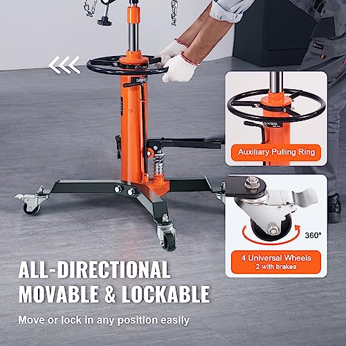 VEVOR Transmission Jack, 1322 LBS Hydraulic Telescoping Transmission Jack, 32"-67" High Lift Transmission Jack Stand with Foot Pedal, 360° Swivel Wheel, Hydraulic Transmission Jack