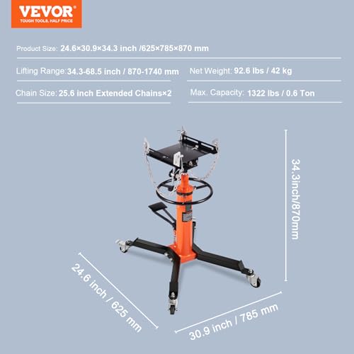 VEVOR Transmission Jack, 1322 LBS Hydraulic Telescoping Transmission Jack, 32"-67" High Lift Transmission Jack Stand with Foot Pedal, 360° Swivel Wheel, Hydraulic Transmission Jack