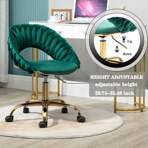 EXZLFA Home Office Desk Chair,Modern Velvet Computer Task Armchair with Height Adjustable and 360° Swivel, Vanity Gold Metal Frame Makeup Chair for Living Room (Emerald)