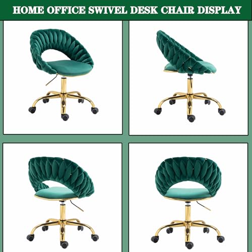 EXZLFA Home Office Desk Chair,Modern Velvet Computer Task Armchair with Height Adjustable and 360° Swivel, Vanity Gold Metal Frame Makeup Chair for Living Room (Emerald)