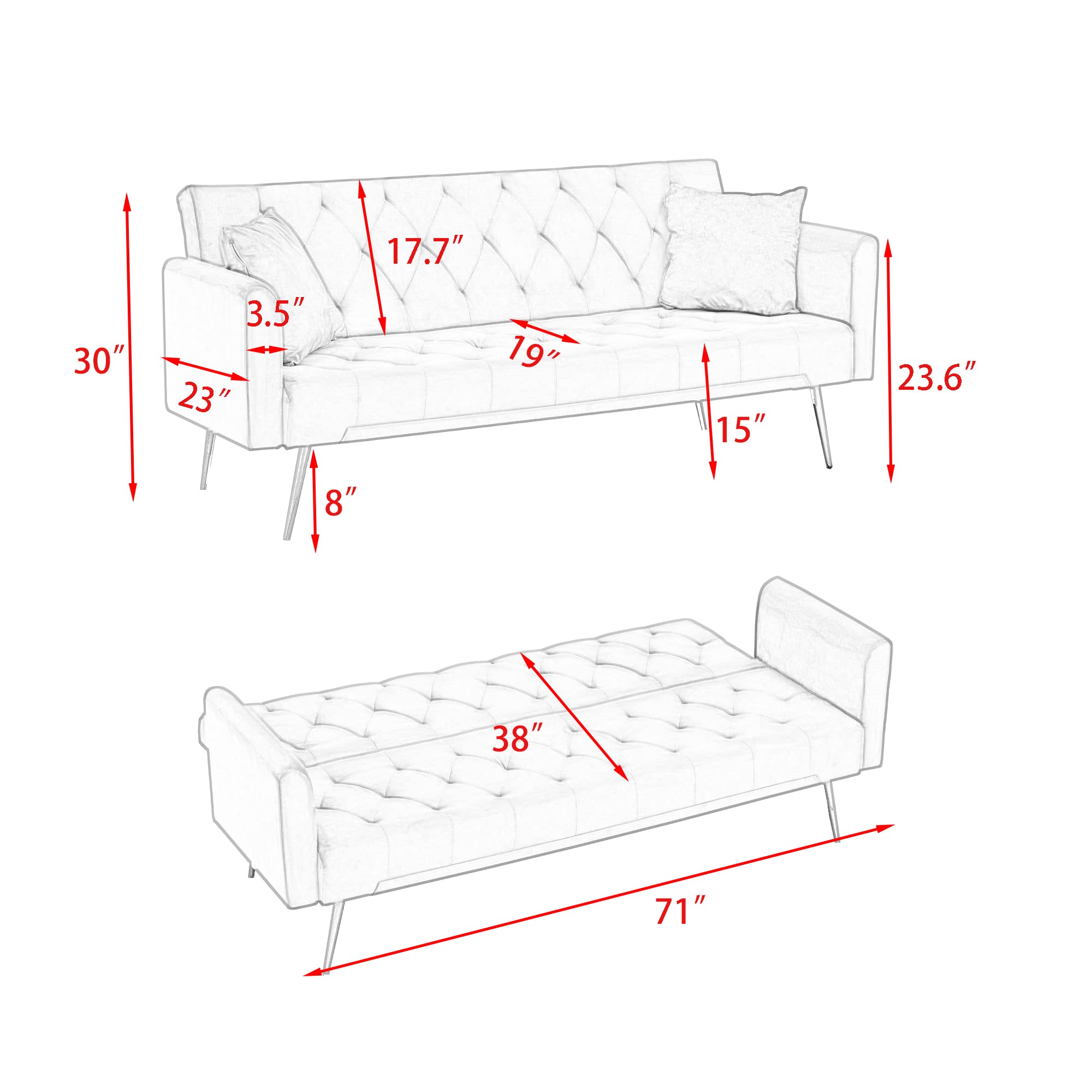 72"Modern Velvet Sofa Bed Futon,Convertible Folding Sleeper Bed Couches with 3 Adjustable Backrests,Tufted Recliner Loveseat with Golden Chrome Legs for Small Living Room Office (Dark Grey+pillows)