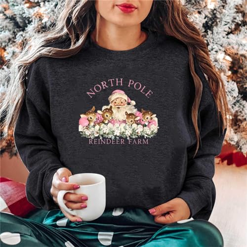GATXVG North Pole Reindeer Farm Women's Long Sleeve Pullover Christmas Elk Print Plus Size Tops Round Neck Loose Sweatshirt Blue