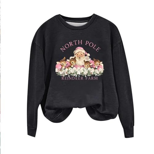 GATXVG North Pole Reindeer Farm Women's Long Sleeve Pullover Christmas Elk Print Plus Size Tops Round Neck Loose Sweatshirt Blue