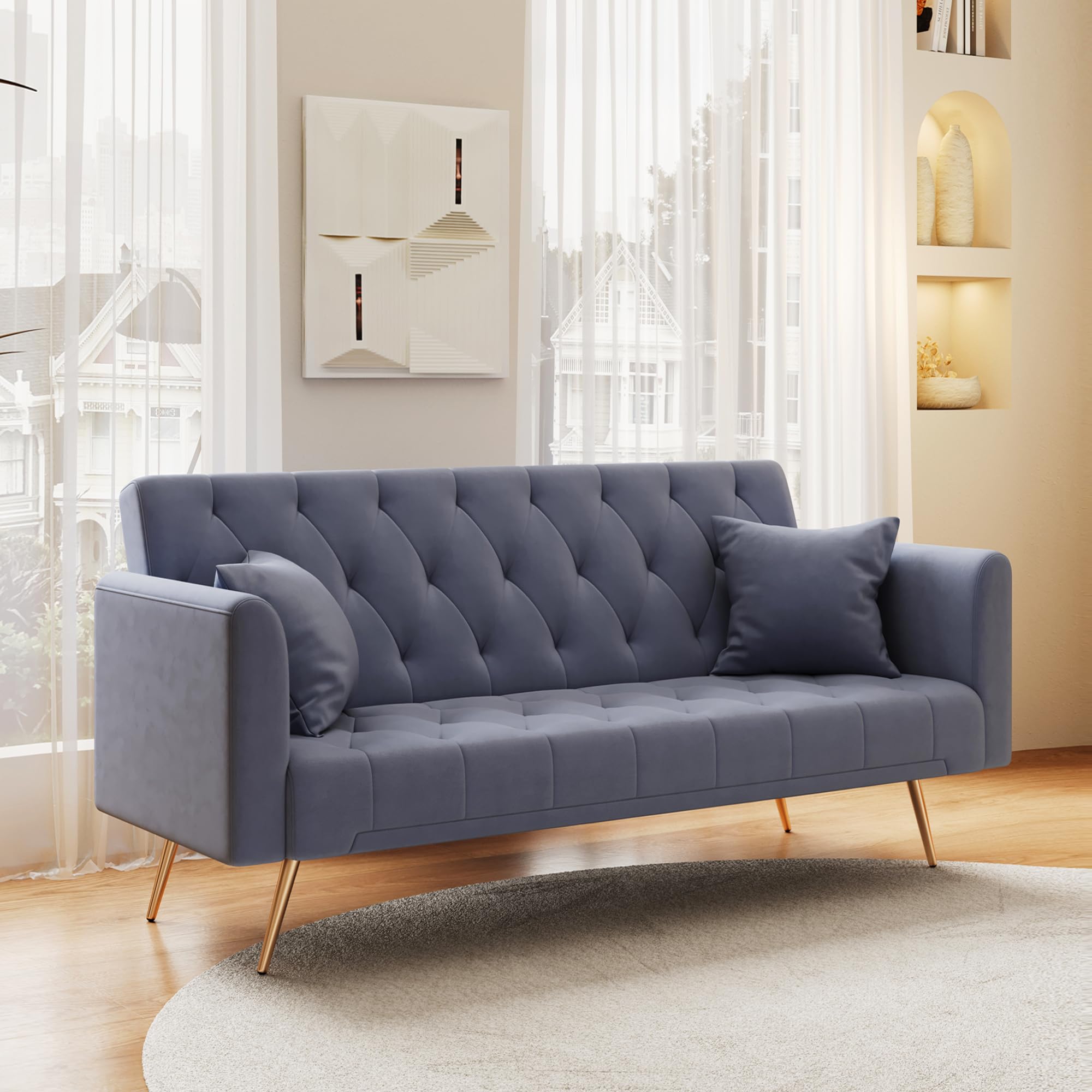 Modern Velvet Sofa Bed Futon with 2 Pillows,2-in 1 Convertible Sleeper Couch Bed,Folding Recliner Loveseat with Golden Metal Legs for Living Room Apartment Office (Dark Grey)