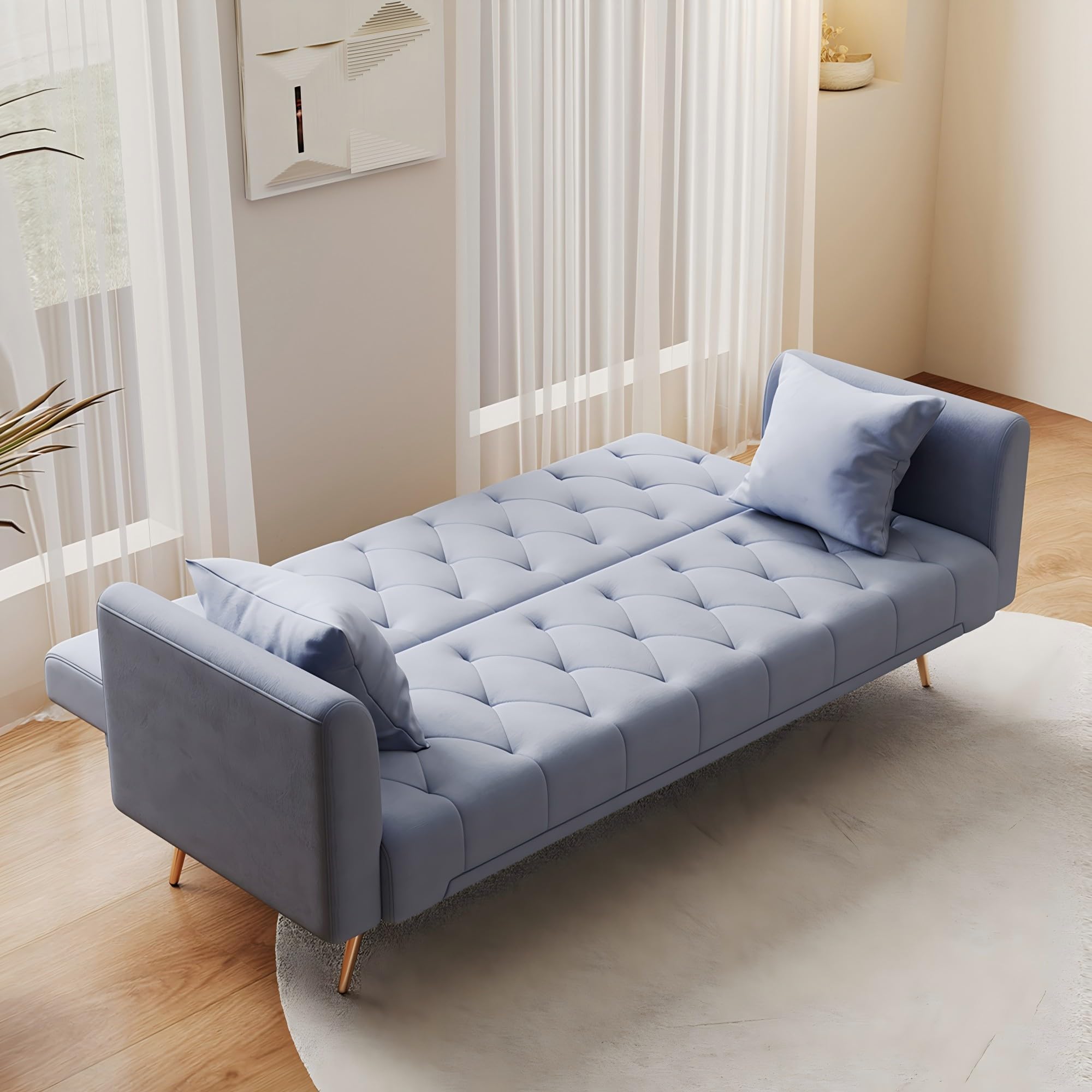 Modern Velvet Sofa Bed Futon with 2 Pillows,2-in 1 Convertible Sleeper Couch Bed,Folding Recliner Loveseat with Golden Metal Legs for Living Room Apartment Office (Dark Grey)
