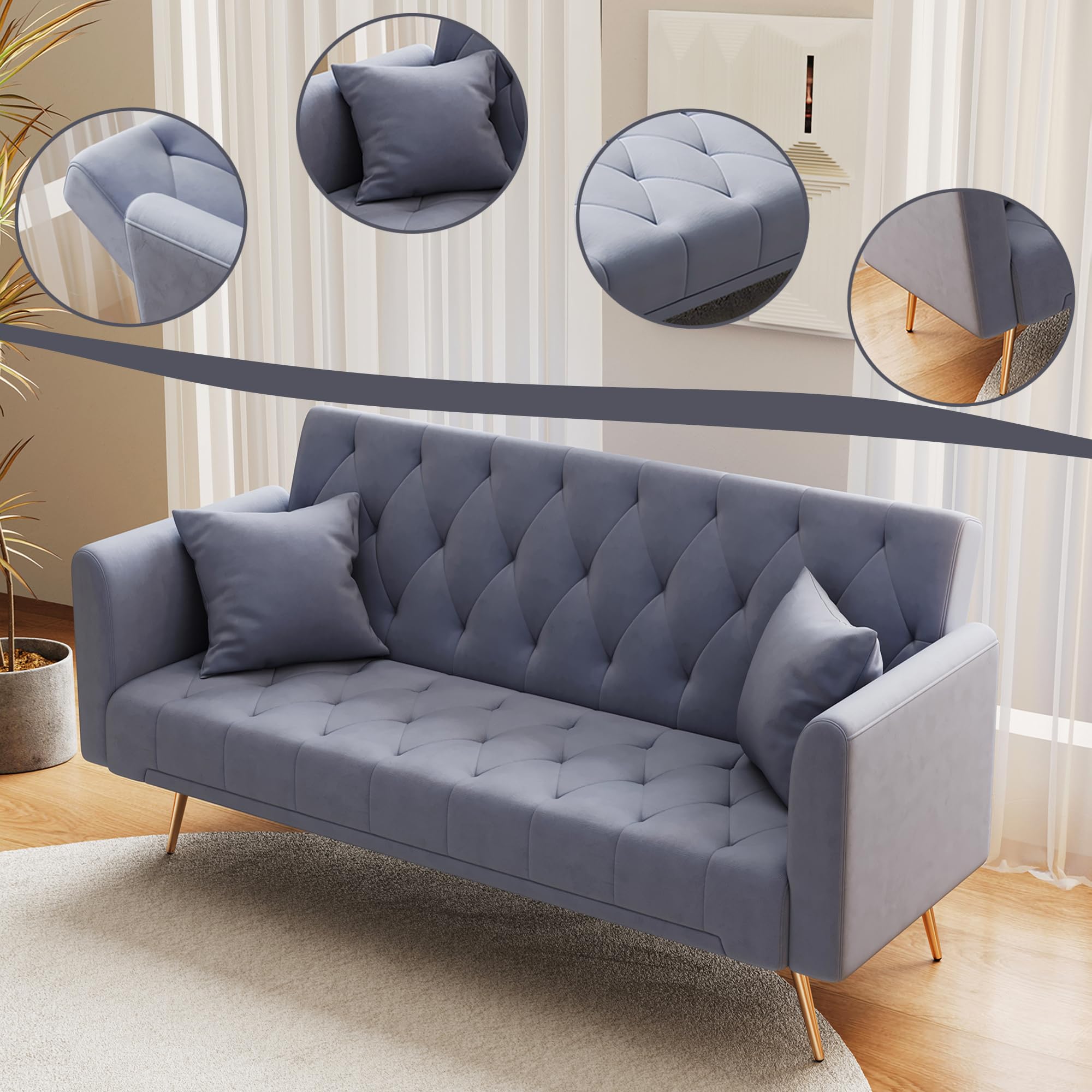 Modern Velvet Sofa Bed Futon with 2 Pillows,2-in 1 Convertible Sleeper Couch Bed,Folding Recliner Loveseat with Golden Metal Legs for Living Room Apartment Office (Dark Grey)