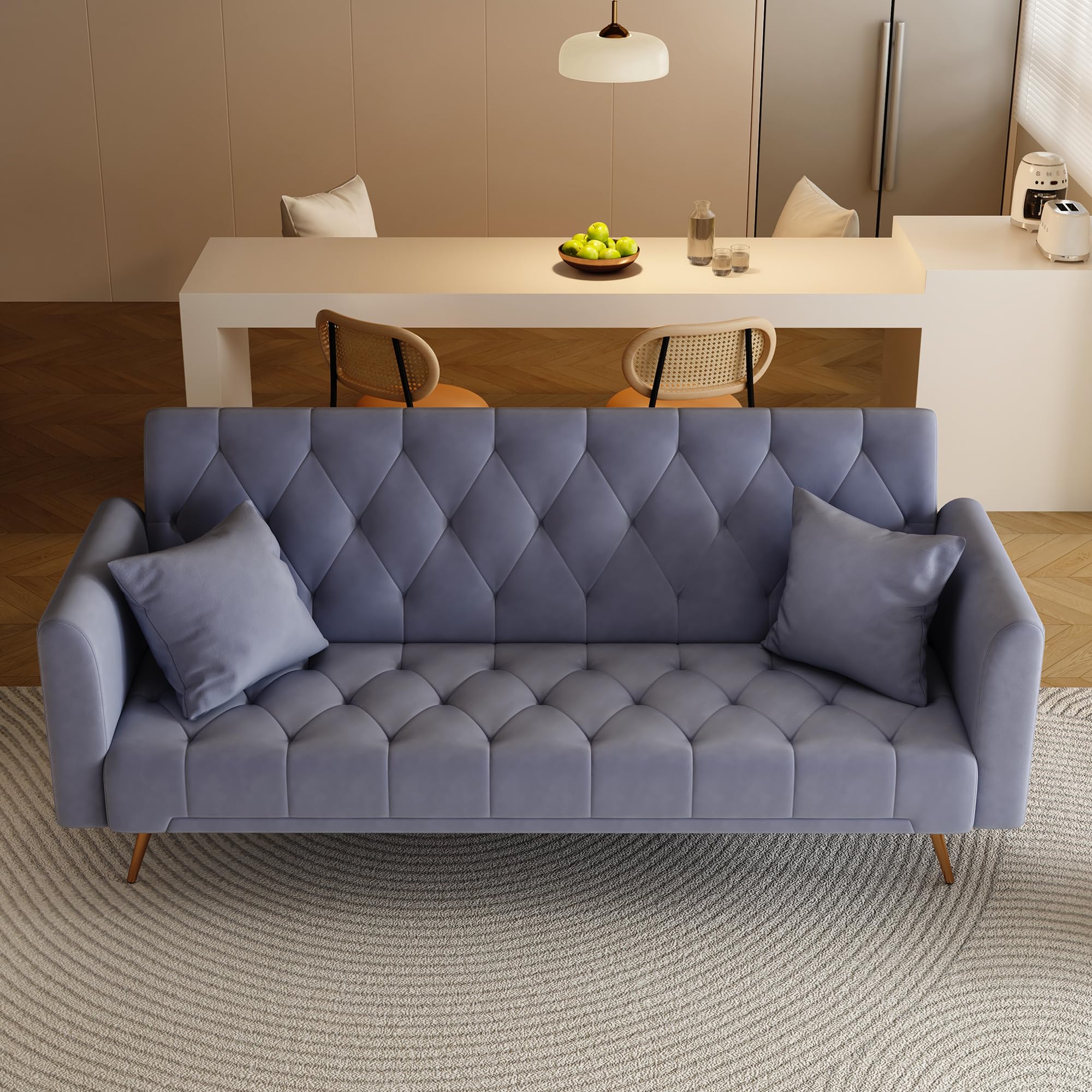 Modern Velvet Sofa Bed Futon with 2 Pillows,2-in 1 Convertible Sleeper Couch Bed,Folding Recliner Loveseat with Golden Metal Legs for Living Room Apartment Office (Dark Grey)