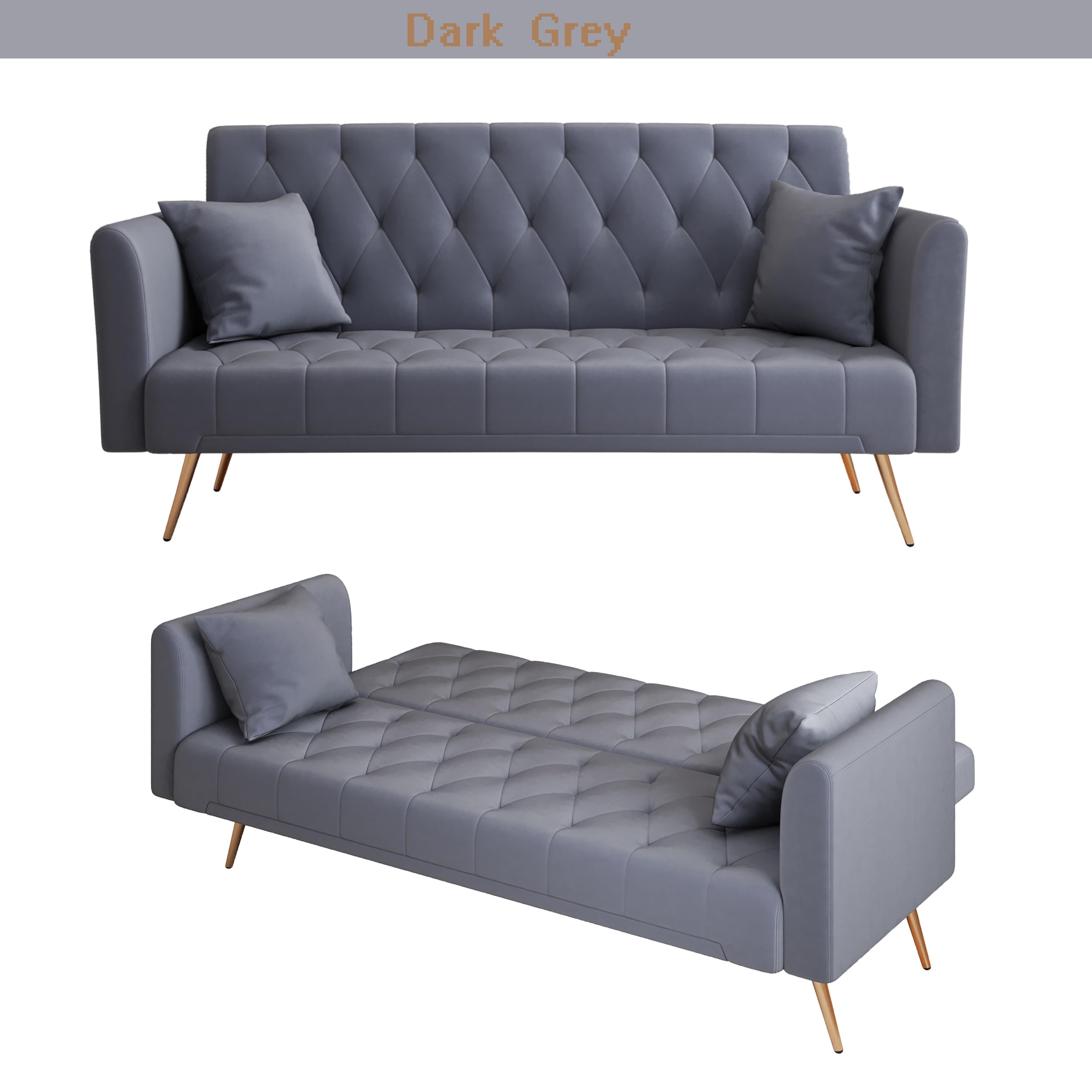Modern Velvet Sofa Bed Futon with 2 Pillows,2-in 1 Convertible Sleeper Couch Bed,Folding Recliner Loveseat with Golden Metal Legs for Living Room Apartment Office (Dark Grey)
