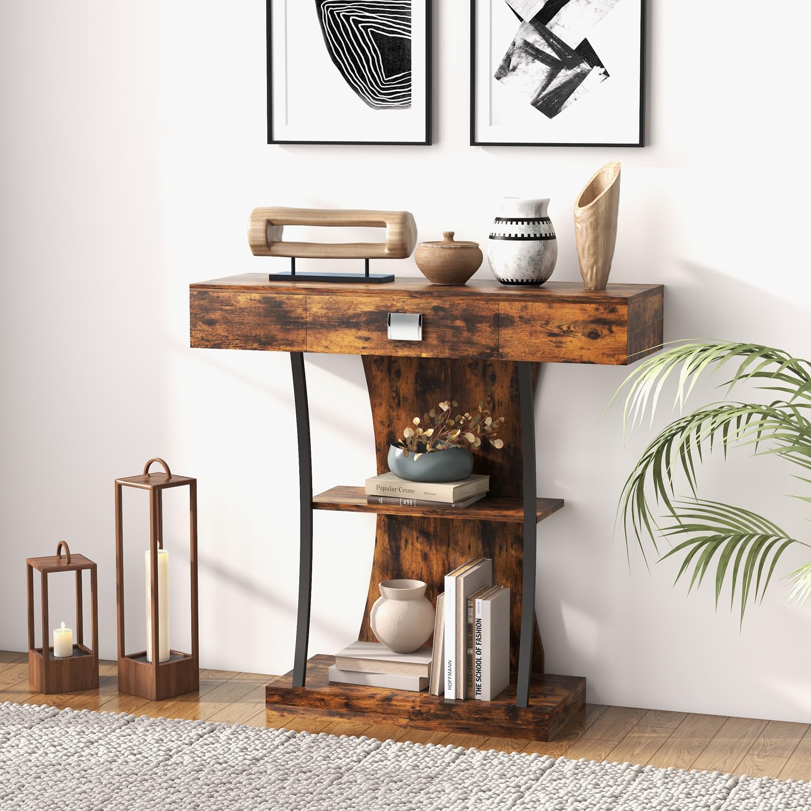 KOTEK Console Table with Storage Drawer & Shelves, 3-Tier Narrow Sofa Table, Behind Couch Table, Modern Foyer Table, Small Entryway Table for Living Room, Hallway (Rustic Brown)