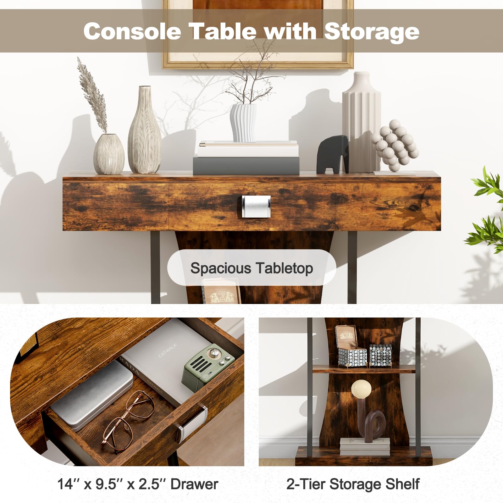KOTEK Console Table with Storage Drawer & Shelves, 3-Tier Narrow Sofa Table, Behind Couch Table, Modern Foyer Table, Small Entryway Table for Living Room, Hallway (Rustic Brown)