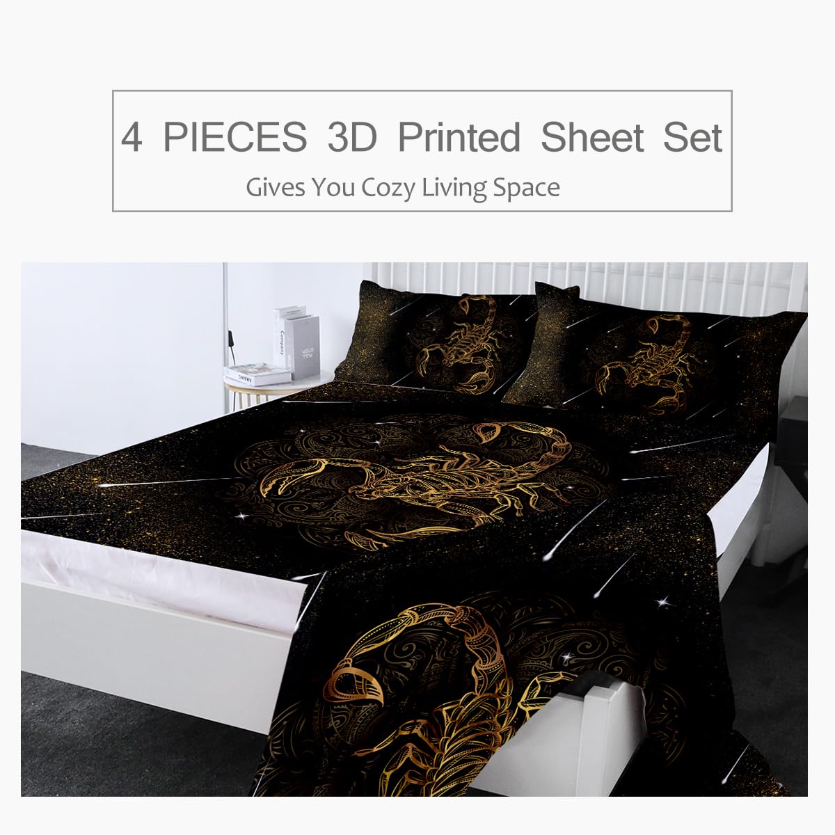 Sleepwish Gold Scorpion Design Sheet Set Full Size Meteors Shower Pattern Bedding Set Abstract Insect Pattern Bedding Sheets & Pillowcases 4 Piece 1 Fitted Sheet, 1 Flat Sheet and 2 Pillowcases