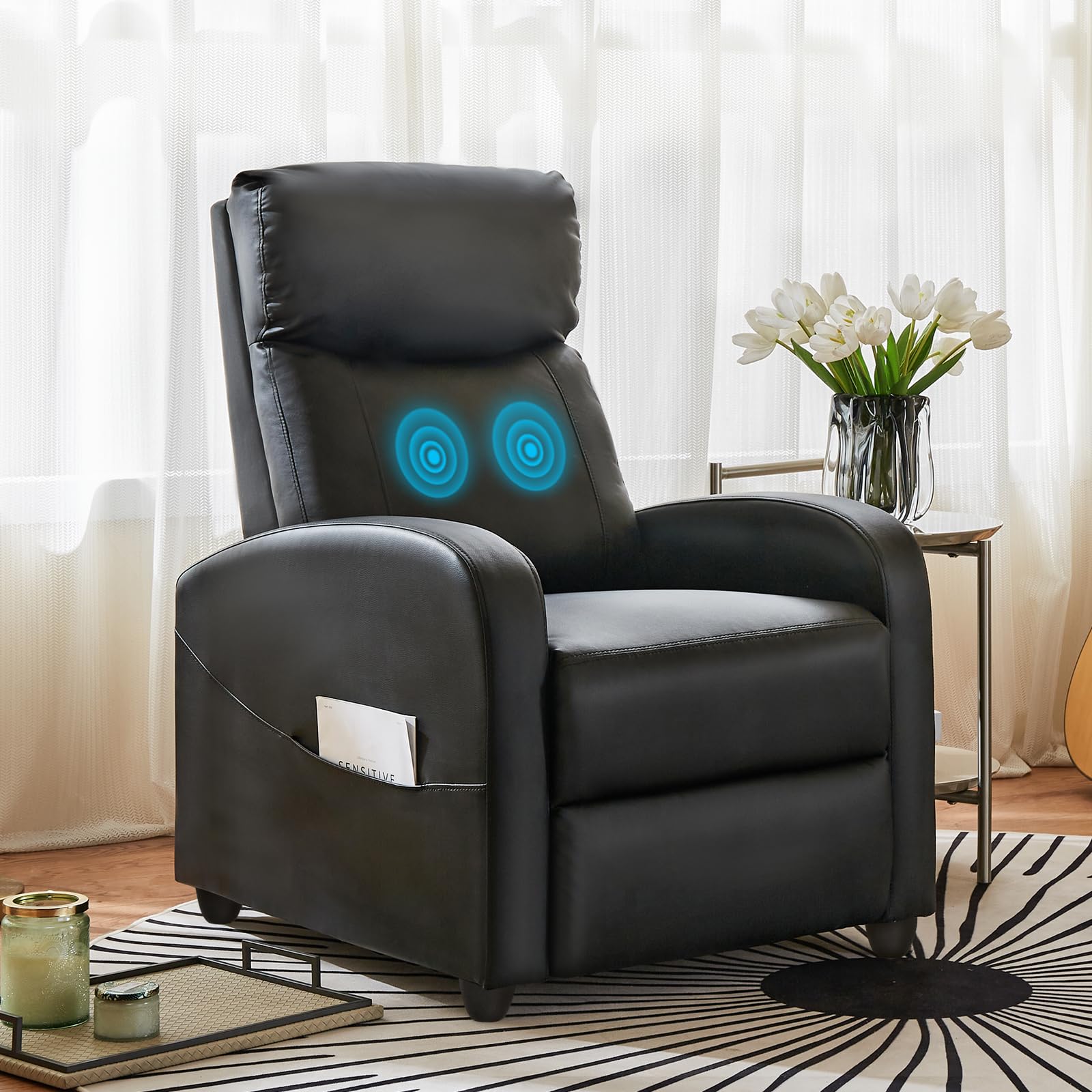 Recliner Chair for Adults, Massage Reclining Chair for Living Room, Adjustable Modern Recliners Chair, Home Theater Seating Single Sofa Recliner with PU Leather Padded Seat Backrest (Black)