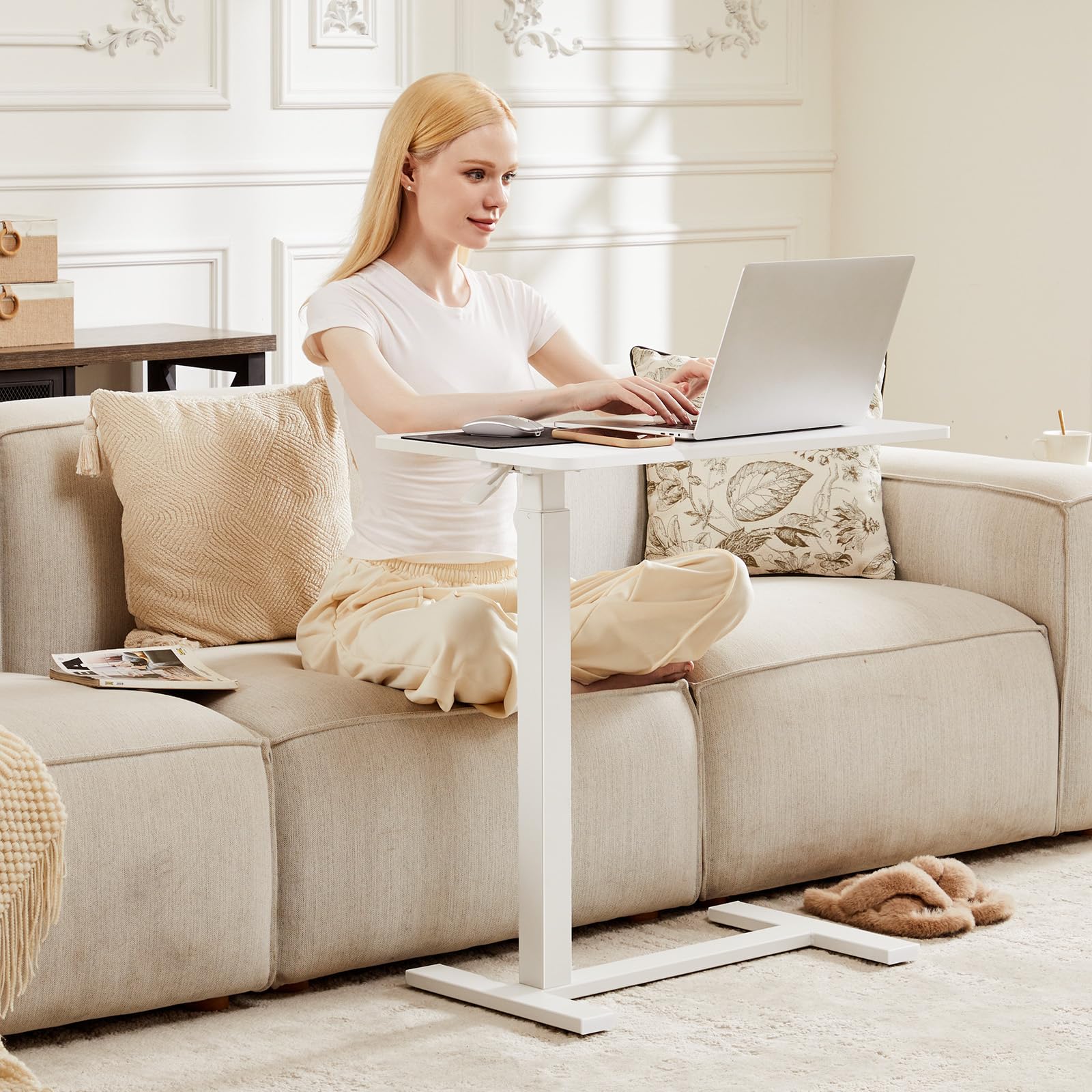 DUMOS Standing Rolling Desk Adjustable Height, Mobile Desk with Wheels Lockable White Mobile Laptop Desk for Office, Home and Study