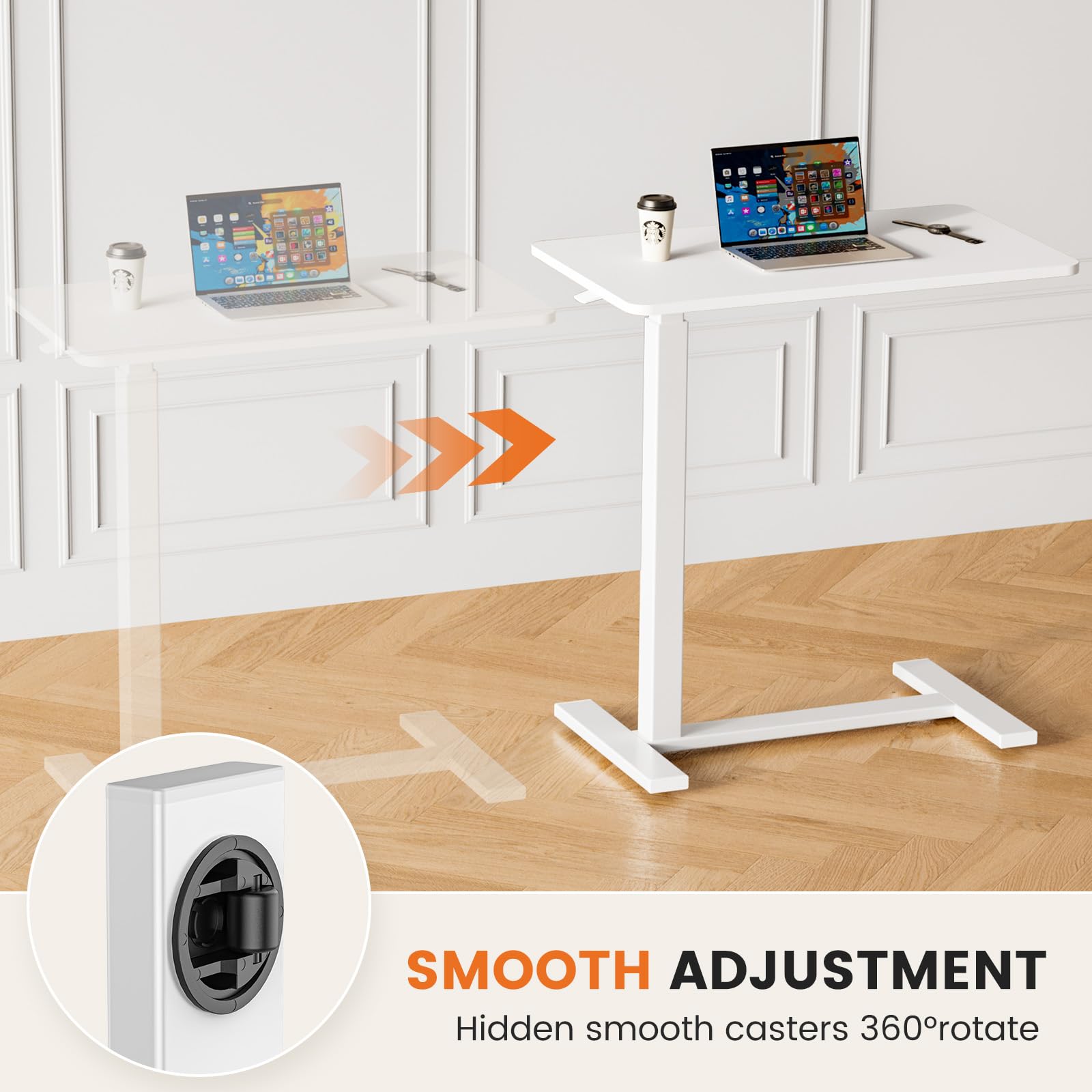 DUMOS Standing Rolling Desk Adjustable Height, Mobile Desk with Wheels Lockable White Mobile Laptop Desk for Office, Home and Study