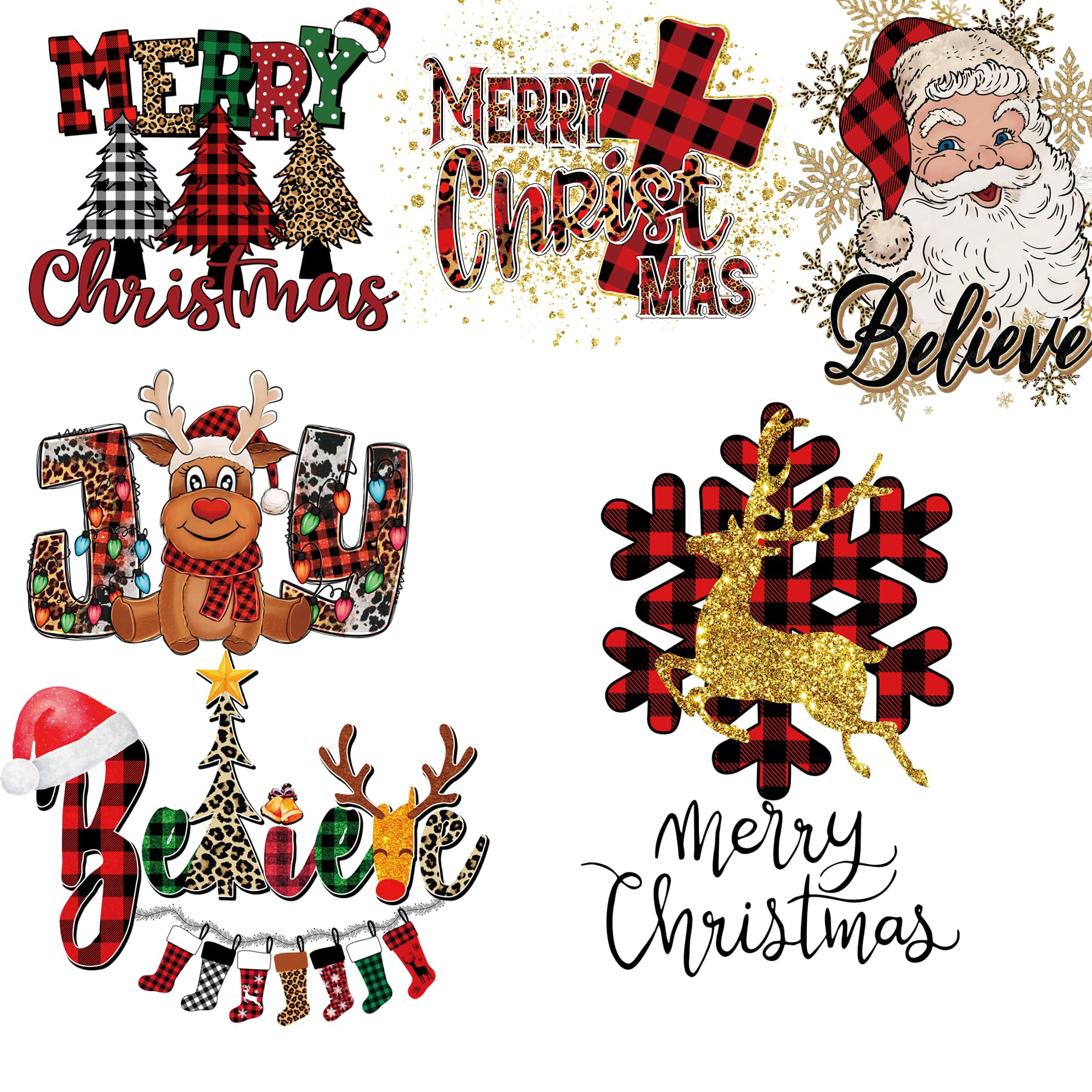 6Pcs Christmas Iron on Transfers Brown-Red Stripe Gold Glitter Designs Iron on Stickers Christmas Dwarf Reindeer Alphabet Tree Iron on Decals Heat Transfer Stickers Applique for Clothing Pillow Cover