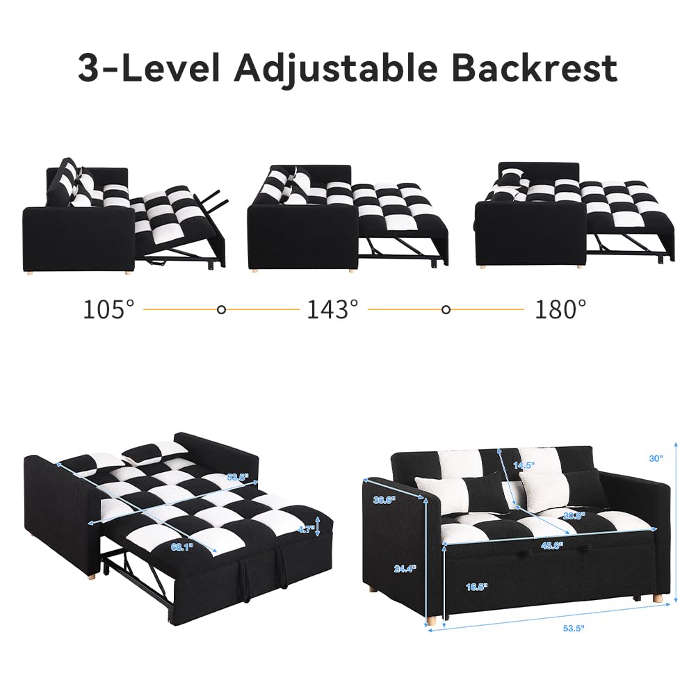 3 in 1 Loveseat Sleeper Sofa- Convertible Sofa Bed,Pull Out Couch with Adjustable Backrest,Multi-Functiona Lounge Chair with Teddy Fabric for Living Room,Small Space (Black White)