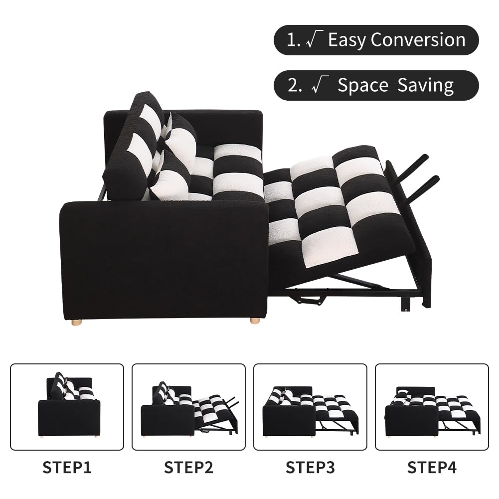 3 in 1 Loveseat Sleeper Sofa- Convertible Sofa Bed,Pull Out Couch with Adjustable Backrest,Multi-Functiona Lounge Chair with Teddy Fabric for Living Room,Small Space (Black White)