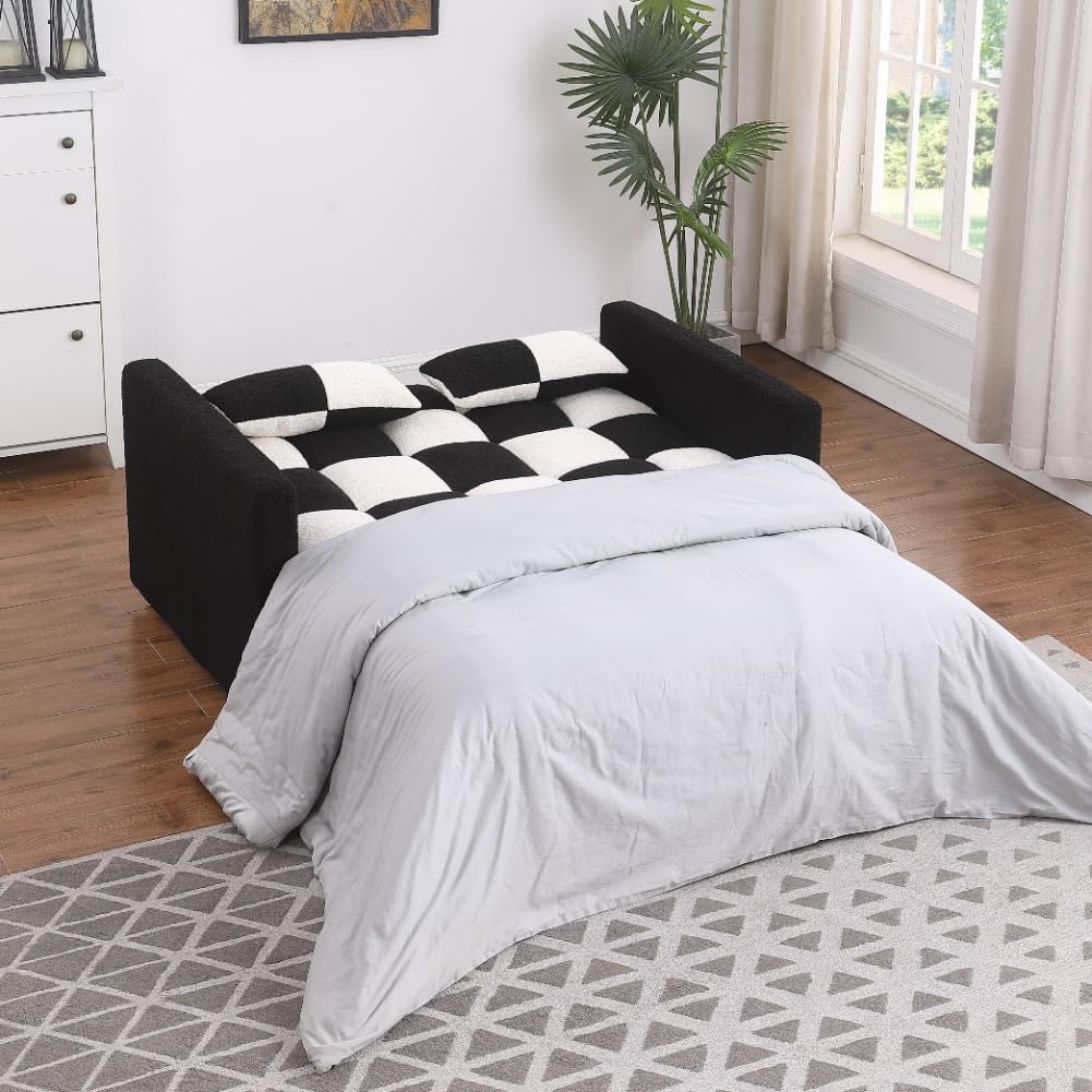 3 in 1 Loveseat Sleeper Sofa- Convertible Sofa Bed,Pull Out Couch with Adjustable Backrest,Multi-Functiona Lounge Chair with Teddy Fabric for Living Room,Small Space (Black White)