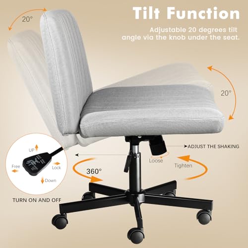 LEMBERI Criss Cross Chair with Wheels, Armless Wide Cross Legged Office Chair, Mid Back Swivel Computer Task Vanity Chairs for Home, Make Up,Small Space, Bed Room,Grey