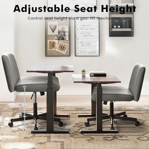 LEMBERI Criss Cross Chair with Wheels, Armless Wide Cross Legged Office Chair, Mid Back Swivel Computer Task Vanity Chairs for Home, Make Up,Small Space, Bed Room,Grey