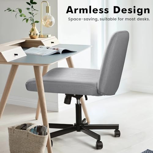 LEMBERI Criss Cross Chair with Wheels, Armless Wide Cross Legged Office Chair, Mid Back Swivel Computer Task Vanity Chairs for Home, Make Up,Small Space, Bed Room,Grey