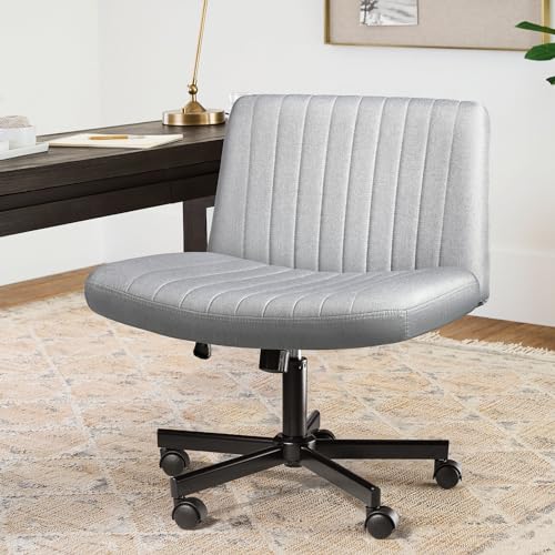 LEMBERI Criss Cross Chair with Wheels, Armless Wide Cross Legged Office Chair, Mid Back Swivel Computer Task Vanity Chairs for Home, Make Up,Small Space, Bed Room,Grey