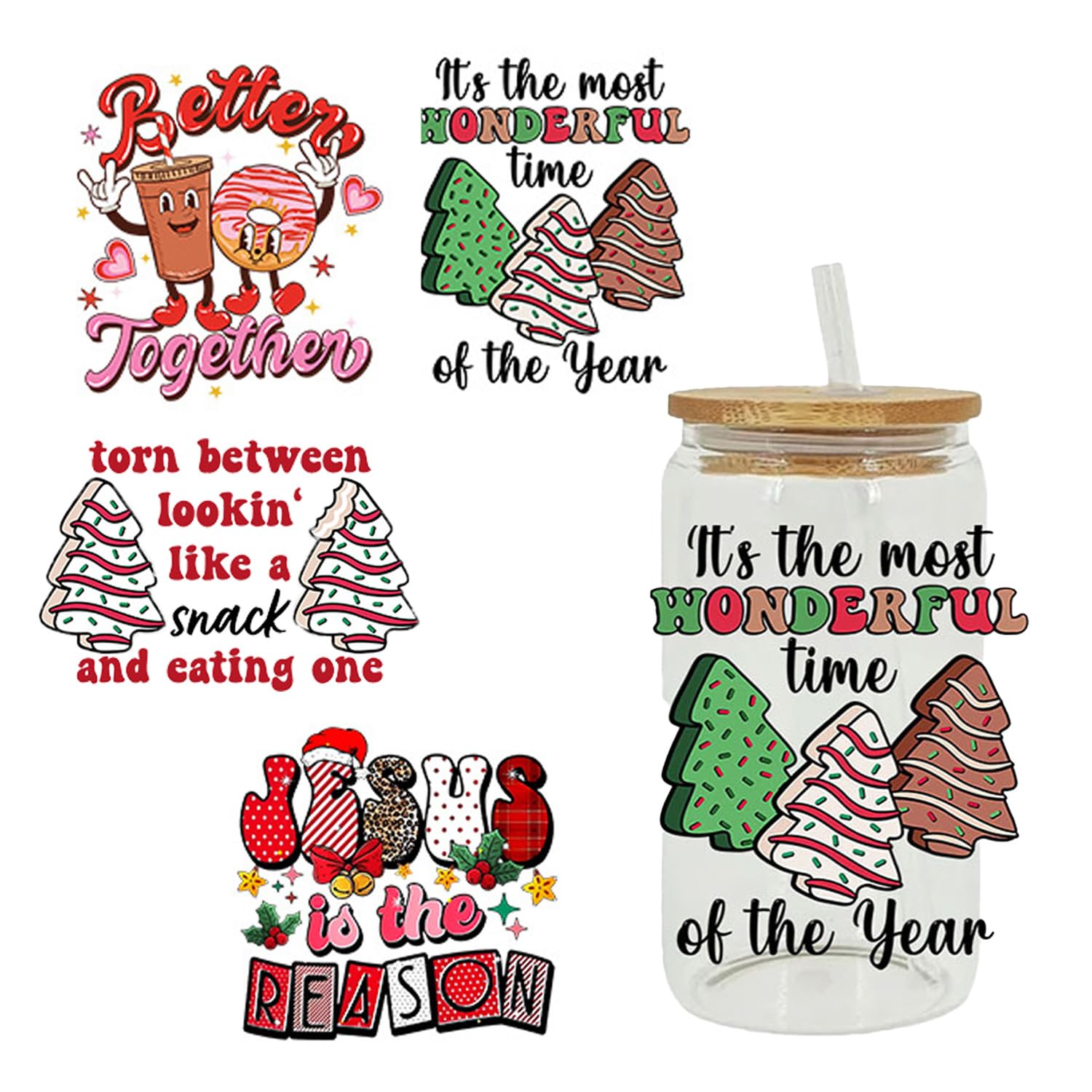 UV DTF Cup Wrap Transfer for Glass, 4 Sheet Rub on transfers for Crafts Christmas Iron-on Decals, Merry Christmas Rub on Transfer Stickers, Glass Cups Furniture DIY Crafts, Waterproof Ready to Press