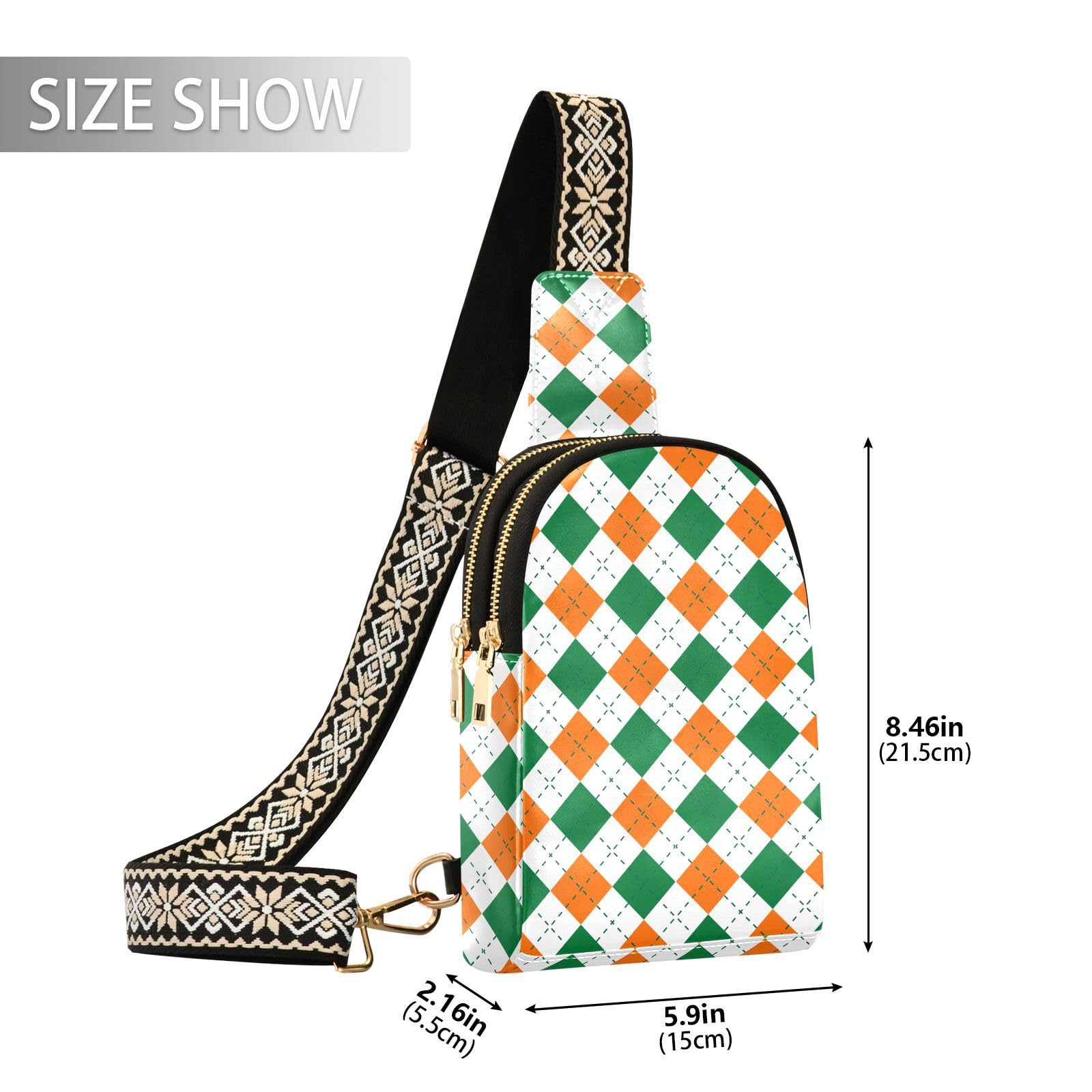 Women Crossbody Sling Backpack St-patrick-green-orange-plaid Girl Chest Bag Daypack for Hiking Traveling
