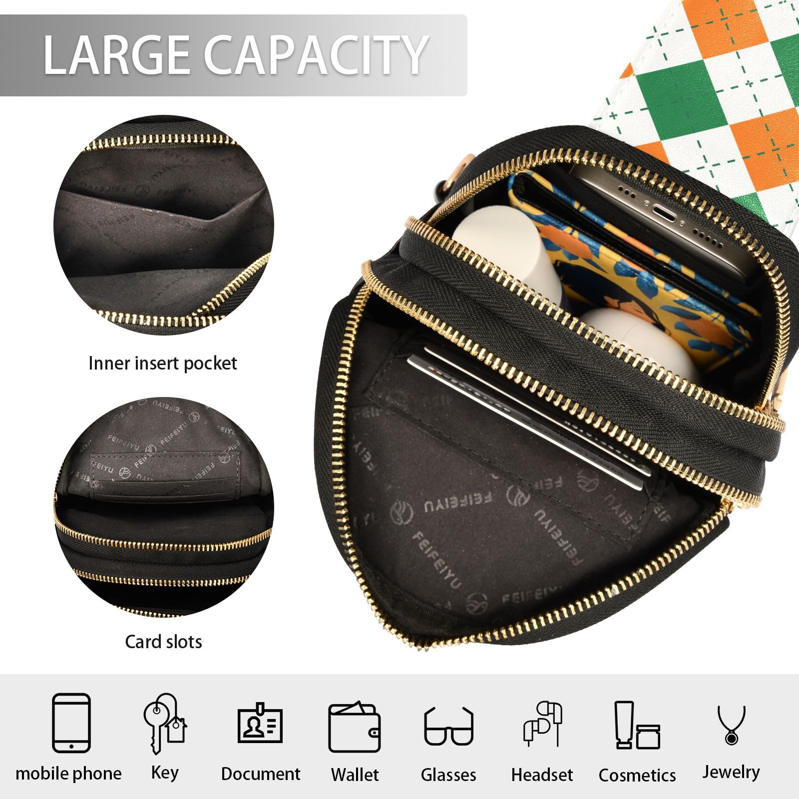 Women Crossbody Sling Backpack St-patrick-green-orange-plaid Girl Chest Bag Daypack for Hiking Traveling