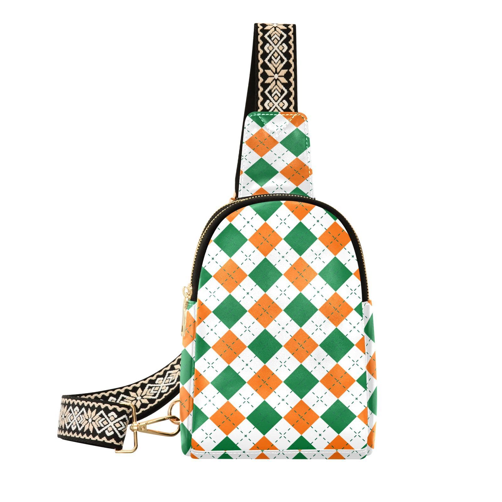 Women Crossbody Sling Backpack St-patrick-green-orange-plaid Girl Chest Bag Daypack for Hiking Traveling