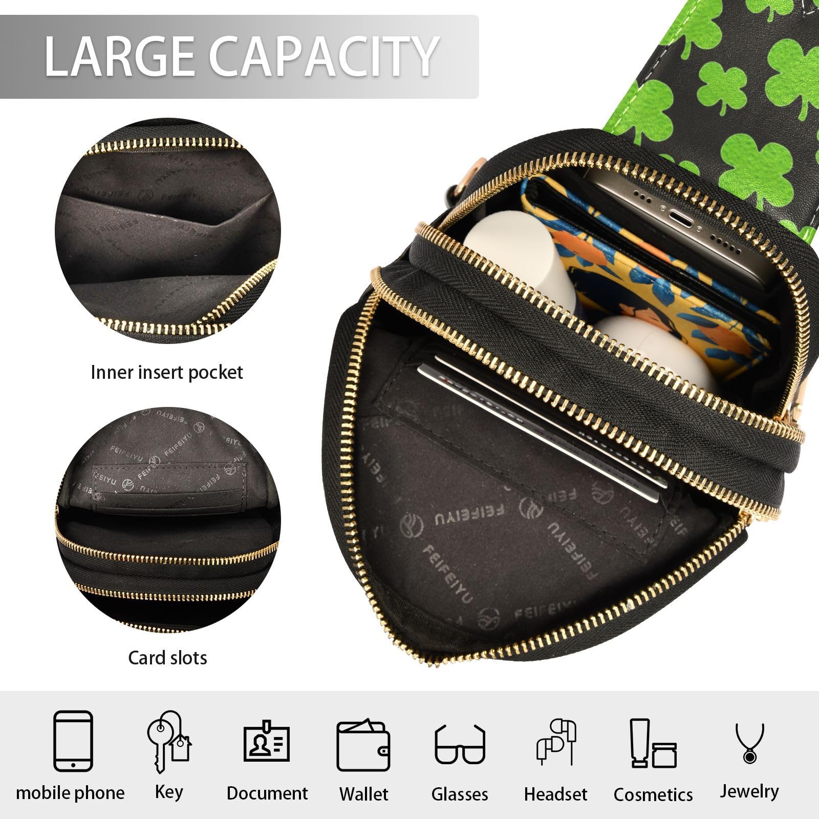 Women Crossbody Sling Backpack St-patricks-shamrock-clover Girl Chest Bag Daypack for Hiking Traveling