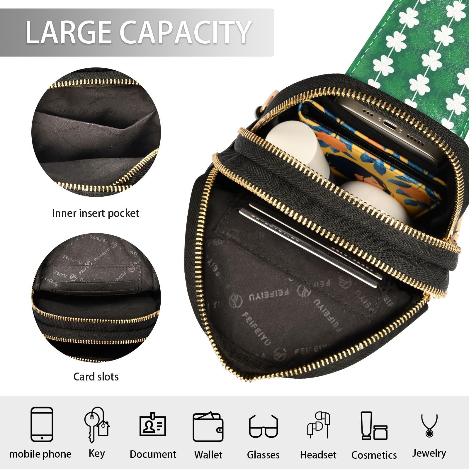 Women Crossbody Sling Backpack Green-clover-st-patrick Girl Chest Bag Daypack for Hiking Traveling