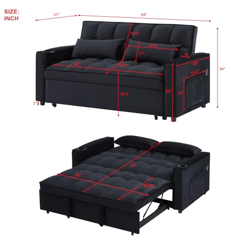 3-in-1 Large Futon Loveseat with Pull Out Sleeper Couch Bed and USB Port,Velvet Tufted Upholstered Love Seat Reclining Backrest Convertible Full Size Sofabed W/2 Cupholders & Pillows for Living Room