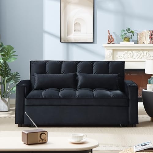 3-in-1 Large Futon Loveseat with Pull Out Sleeper Couch Bed and USB Port,Velvet Tufted Upholstered Love Seat Reclining Backrest Convertible Full Size Sofabed W/2 Cupholders & Pillows for Living Room