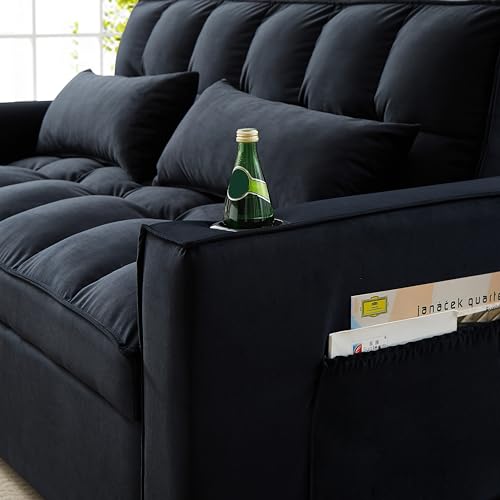 3-in-1 Large Futon Loveseat with Pull Out Sleeper Couch Bed and USB Port,Velvet Tufted Upholstered Love Seat Reclining Backrest Convertible Full Size Sofabed W/2 Cupholders & Pillows for Living Room