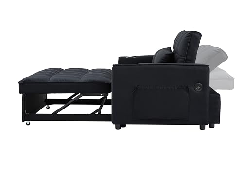 3-in-1 Large Futon Loveseat with Pull Out Sleeper Couch Bed and USB Port,Velvet Tufted Upholstered Love Seat Reclining Backrest Convertible Full Size Sofabed W/2 Cupholders & Pillows for Living Room