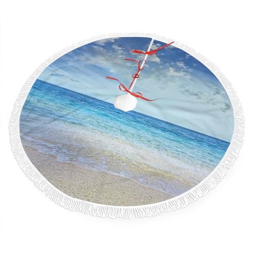 IJQRVJ Beach Sea,Merry Christmas Tree Skirt Lace-up,Blue Sea Background,Xmas Tree Skirt Rustic Christmas Decorations for Winter New Year Party Decor Indoor Outdoor,Blue,30in