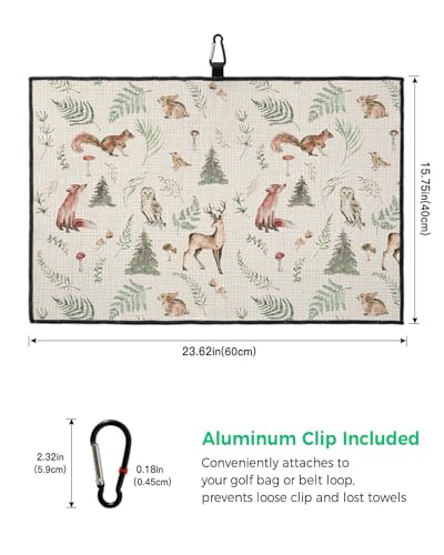 Golf Towel Christmas Elk Owl Rabbit Squirrel Fox,Waffle Pattern Microfiber Club Cleaner Golf Towels with Carabiner Clip for Women Men Dad,Xmas Tree Retro Linen Golf Towel for Golf Bags,24x16in