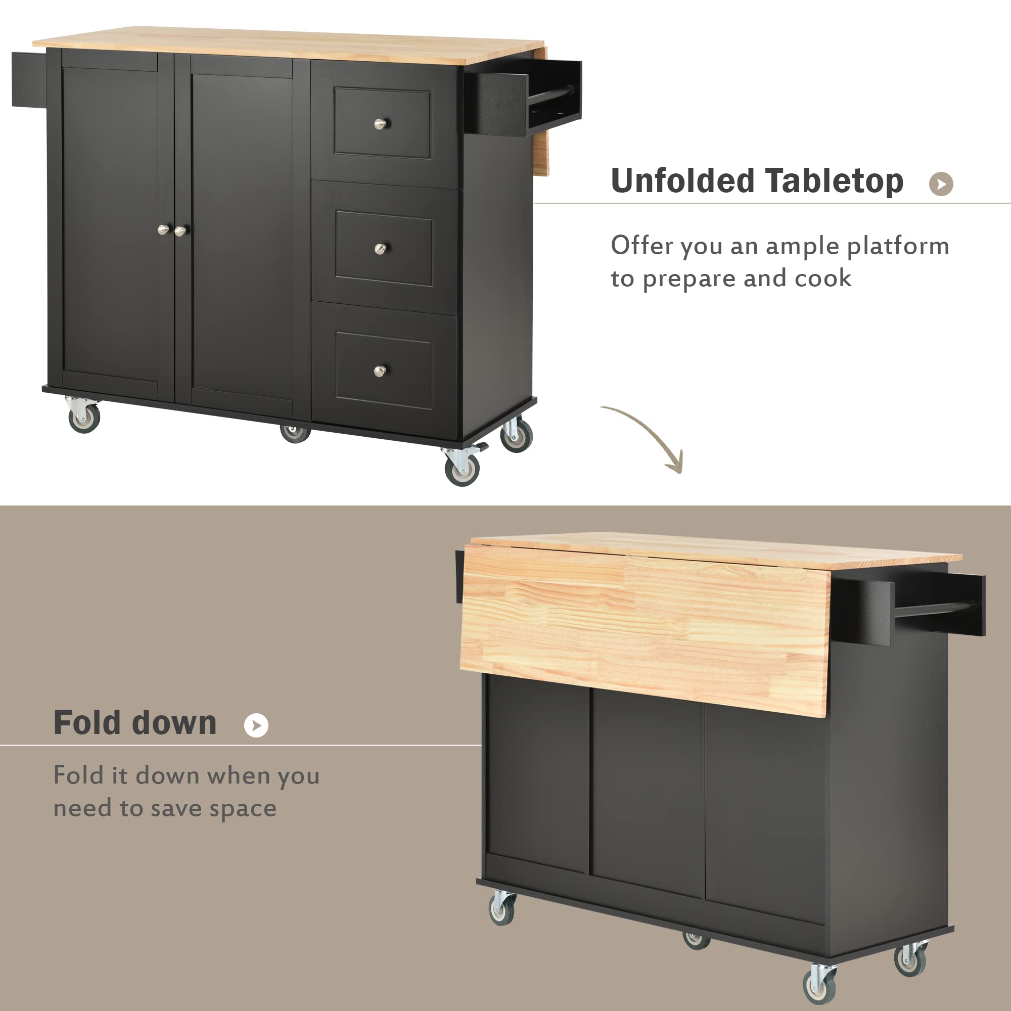 Favfurish 52.7" Rolling Mobile Kitchen Island Cart with Drop Leaf Wood Top, Adjustable Shelves Coffee Bar Trolley on Lockable Casters & Storage Cabinet & 3 Drawers for Dining Room, Black