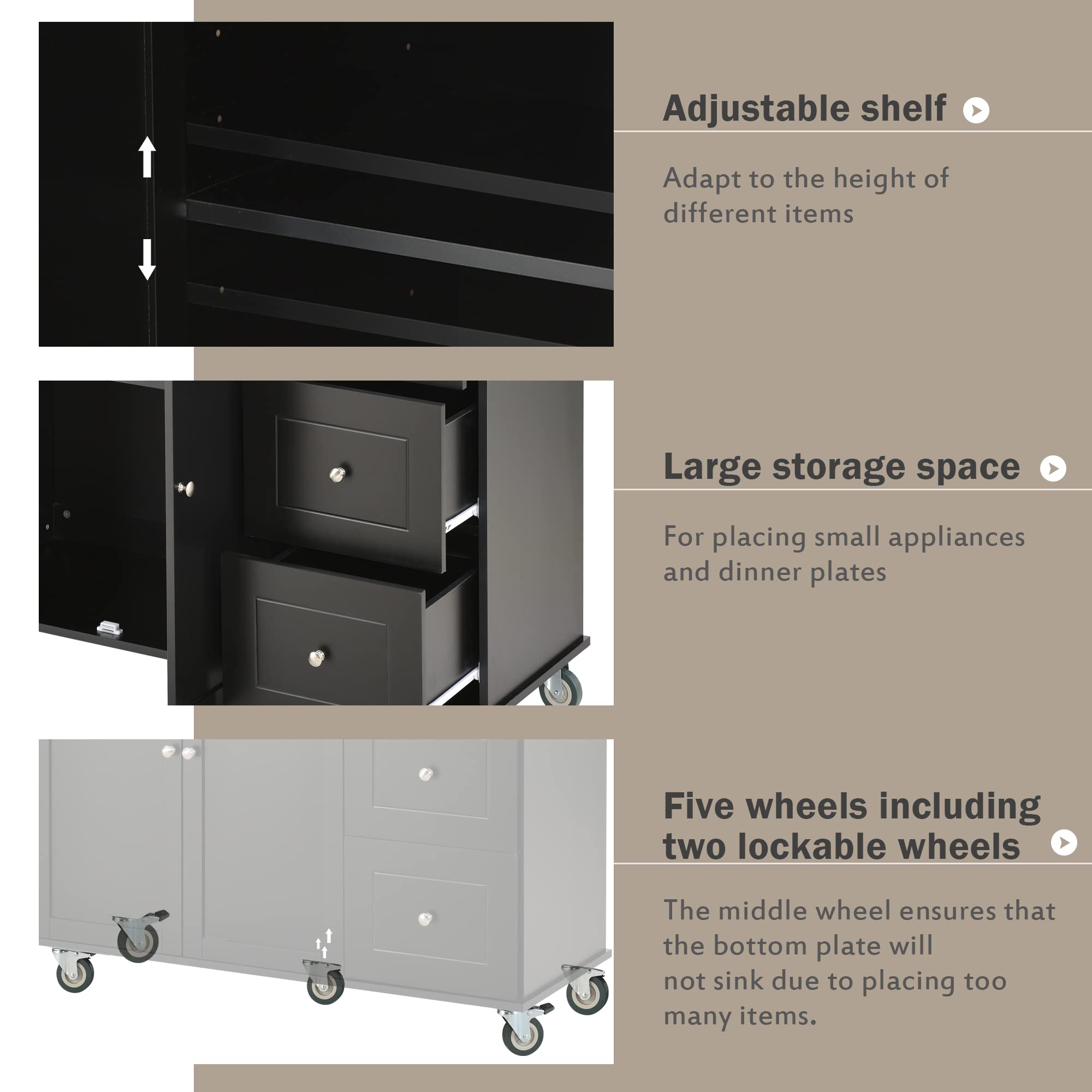 Favfurish 52.7" Rolling Mobile Kitchen Island Cart with Drop Leaf Wood Top, Adjustable Shelves Coffee Bar Trolley on Lockable Casters & Storage Cabinet & 3 Drawers for Dining Room, Black