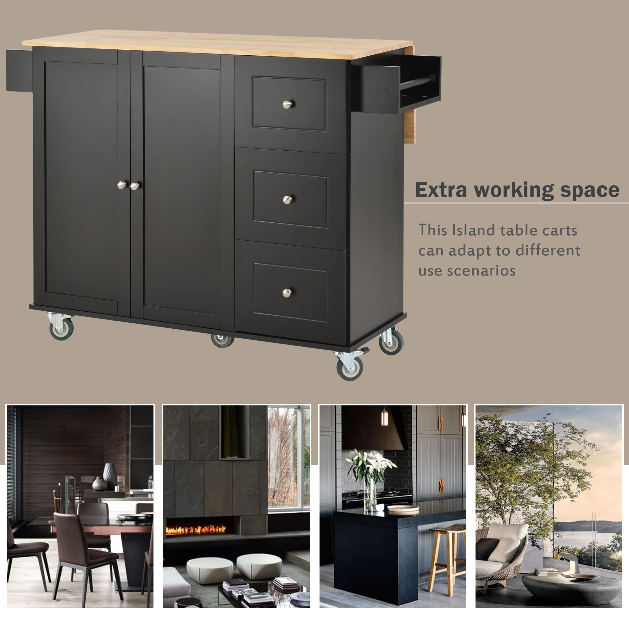 Favfurish 52.7" Rolling Mobile Kitchen Island Cart with Drop Leaf Wood Top, Adjustable Shelves Coffee Bar Trolley on Lockable Casters & Storage Cabinet & 3 Drawers for Dining Room, Black