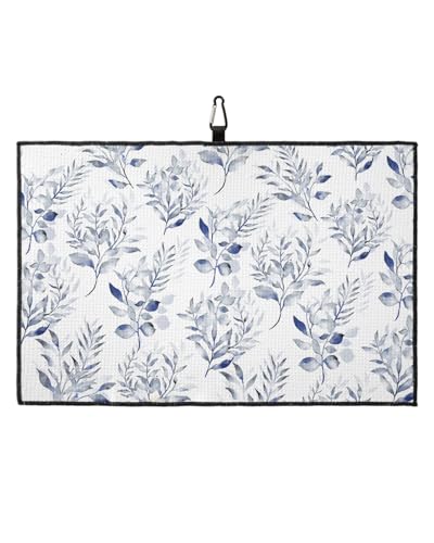 Golf Towel Pastoral Blue Leaves Seamless White,Waffle Pattern Microfiber Club Cleaner Golf Towels with Carabiner Clip for Women Men Dad,Aesthetic Botanical Art Golf Towel for Golf Bags,24x16in