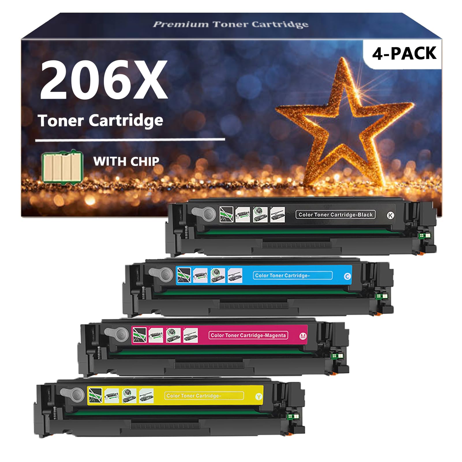 206X Toner Cartridge (with Chip) Compatible for HP W2110X W2111X W2112X W2113X Toner, Work for Color Pro M255dw M255nw MFP M282nw M283 Series Printers, 1 Set