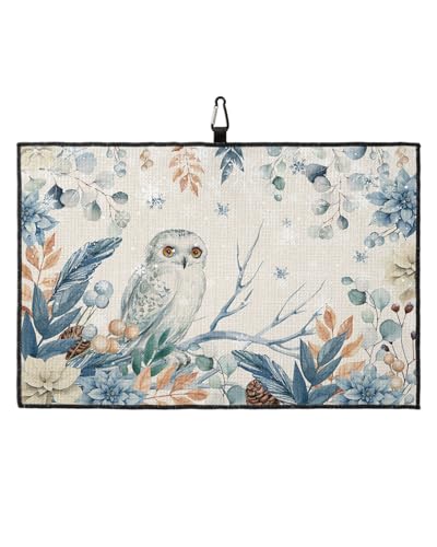 Golf Towel Christmas Eucalyptus Leaves Owl Retro Linen,Waffle Pattern Microfiber Club Cleaner Golf Towels with Carabiner Clip for Women Men Dad,Xmas Plant Animal Golf Towel for Golf Bags,24x16in