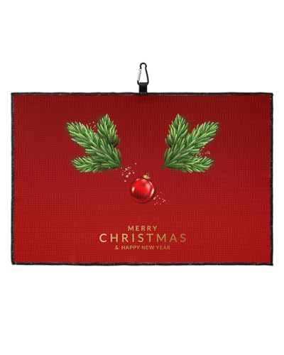 Golf Towel Christmas Pine Needle Light Ball Red,Waffle Pattern Microfiber Club Cleaner Golf Towels with Carabiner Clip for Women Men Dad,Xmas Green Plant Golf Towel for Golf Bags Accessories,24x16in