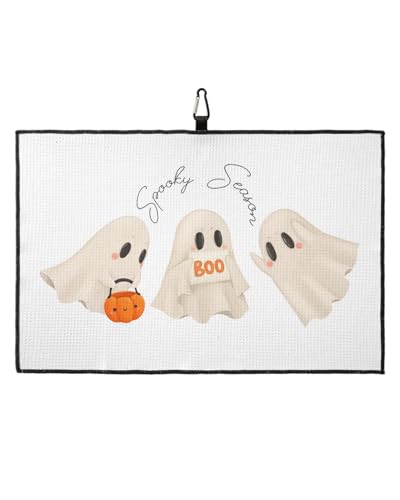 Golf Towel Halloween Cute Spooky White,Waffle Pattern Microfiber Club Cleaner Golf Towels with Carabiner Clip for Women Men Dad,Watercolor Beige Ghost Golf Towel for Golf Bags Accessories,24x16in